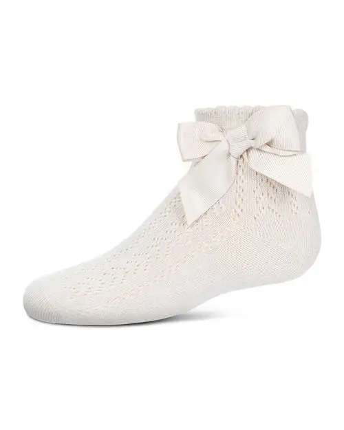 MEMOI Knit Openwork Bow Anklet Socks - Latte
