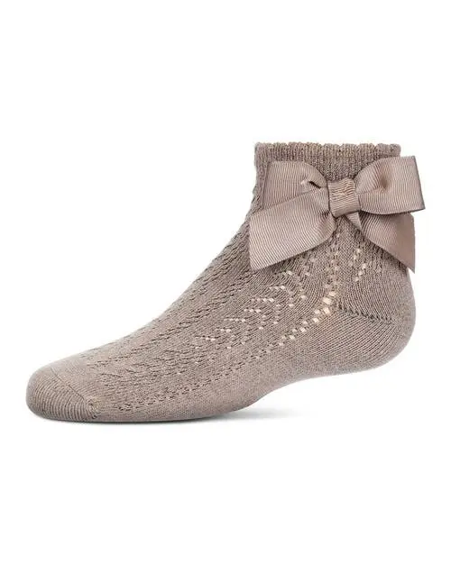 MEMOI Knit Openwork Bow Anklet Socks - Taupe