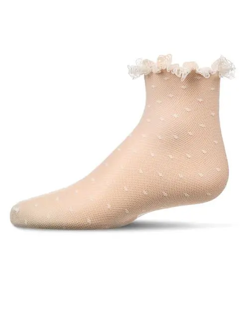MEMOI Mesh Dot Pattern Lace Trim Ankle Socks - Winter White