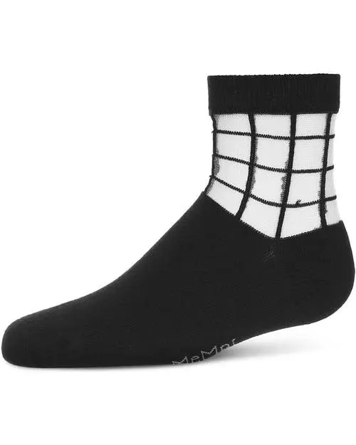MEMOI Window Pane Sheer Crew Socks - Black