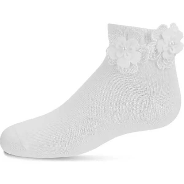 MEMOI Dual Flower Appliqué Anklet Socks - White