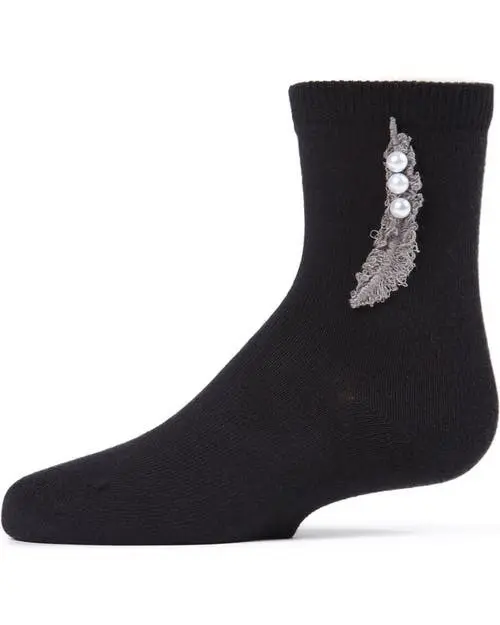 MEMOI Feathery Combed Cotton Crew Socks With Faux Pearl Detail - Black