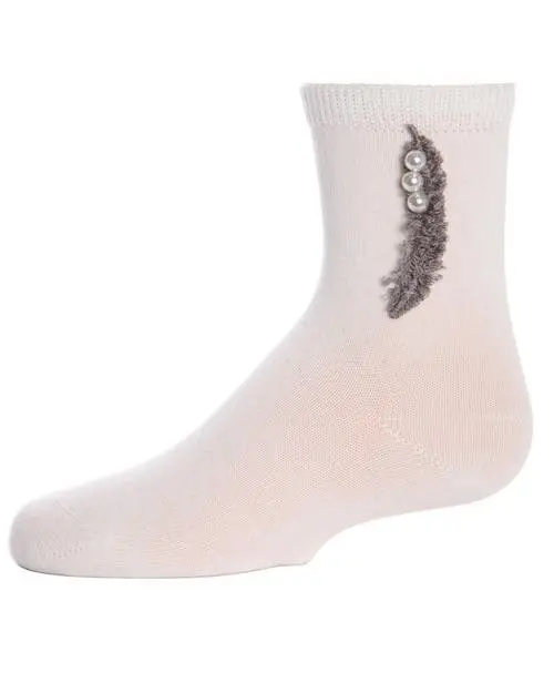 MEMOI Feathery Combed Cotton Crew Socks With Faux Pearl Detail - Winter White