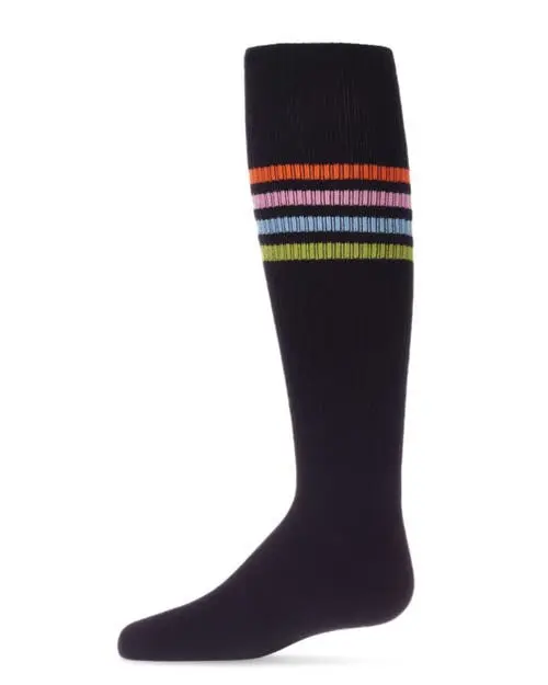 MEMOI Thin Ribbed Athletic Stripe Knee High Socks - Black