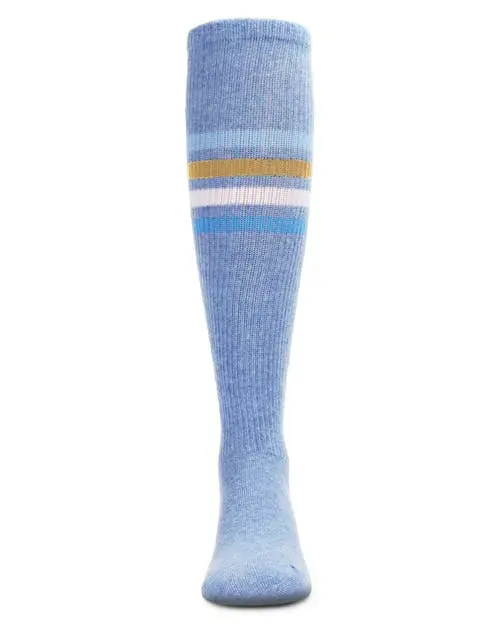 MEMOI Thin Ribbed Athletic Stripe Knee High Socks - Light Denim