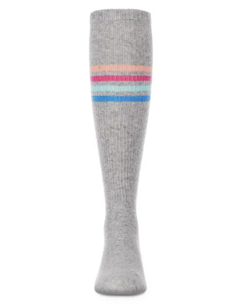 MEMOI Thin Ribbed Athletic Stripe Knee High Socks - Light Gray