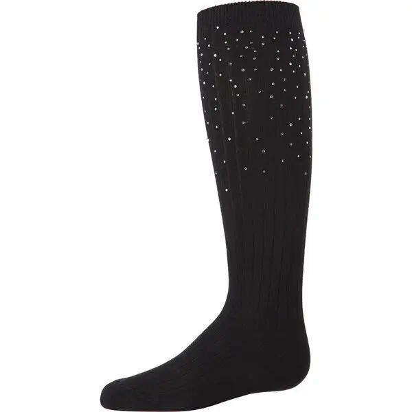 MEMOI Ribbed Gemstone Knee High Socks - Black