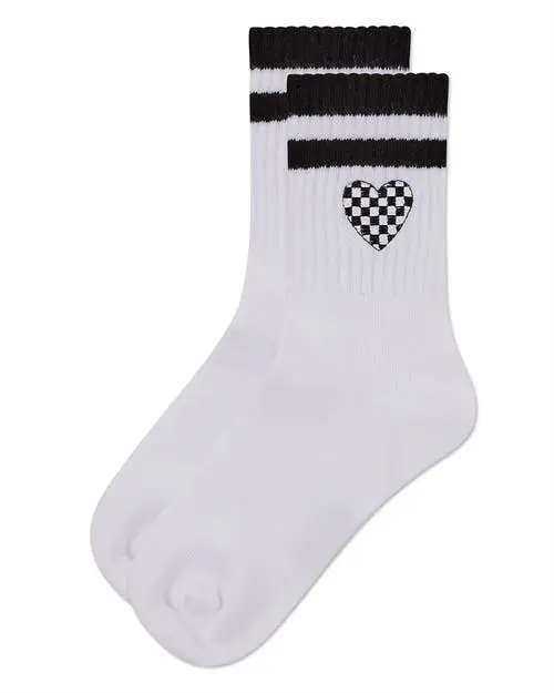 MEMOI Checkered Heart Crew Socks - Black