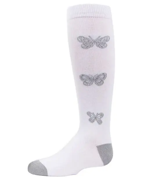 MEMOI Glitter Butterfly Knee High Socks - White