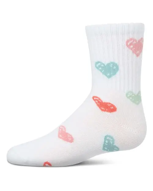 MEMOI Ribbed Graffiti Heart Crew Socks - Winter White