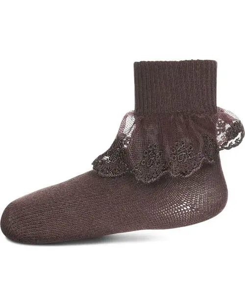 MEMOI Classic Lace Ruffle Anklet Socks - Brown