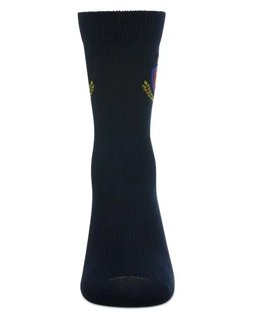 MEMOI Stitched Crest Dress Crew Socks - Navy
