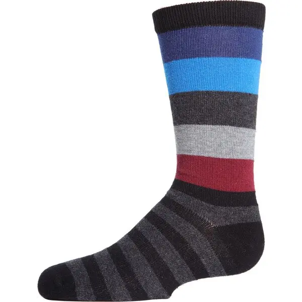 MEMOI Bold Stripes Fine-gauge Crew Sock - Black