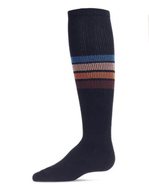 MEMOI Retro Stripe Ribbed Knee High Socks - Navy