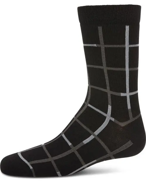 MEMOI Windowpane Plaid Crew Socks - Black