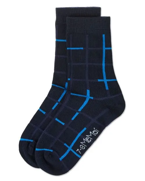 MEMOI Windowpane Plaid Crew Socks - Navy