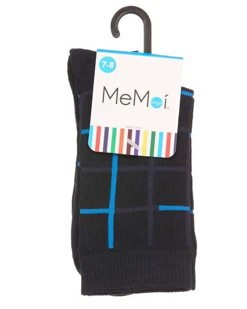 MEMOI Windowpane Plaid Crew Socks - Navy