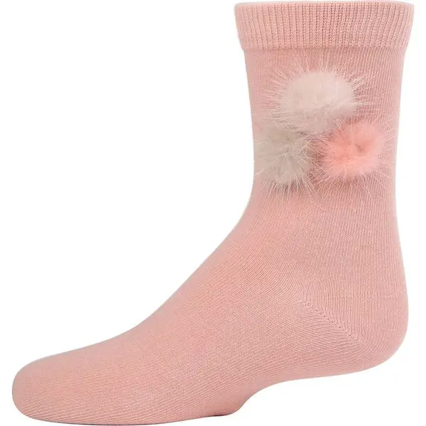 MEMOI Fluffy Trio Pom-pom Crew Socks - Pale Blush
