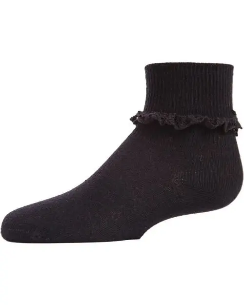 MEMOI Eyelet Ruffle Trim Ankle Socks - Black