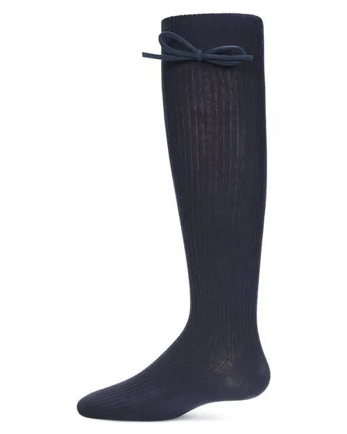 MEMOI Ribbed Bow Knee-high Socks - Navy