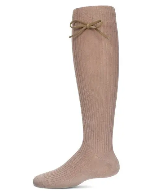 MEMOI Ribbed Bow Knee-high Socks - Taupe