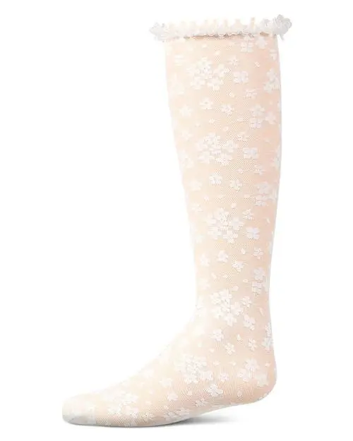 MEMOI Floral Lace Knee High Socks - White
