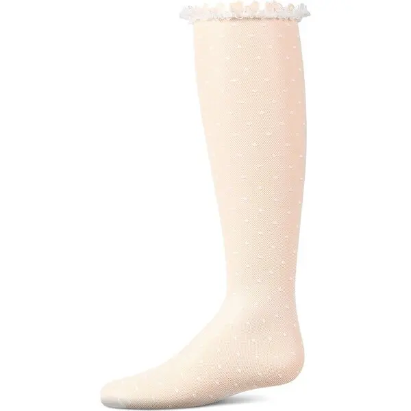 MEMOI Lace Trimmed Dot Mesh Knee High Socks - White