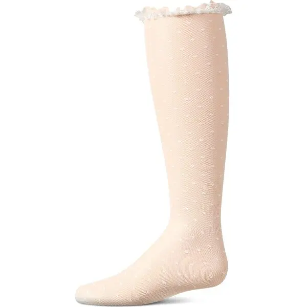 MEMOI Lace Trimmed Dot Mesh Knee High Socks - Winter White