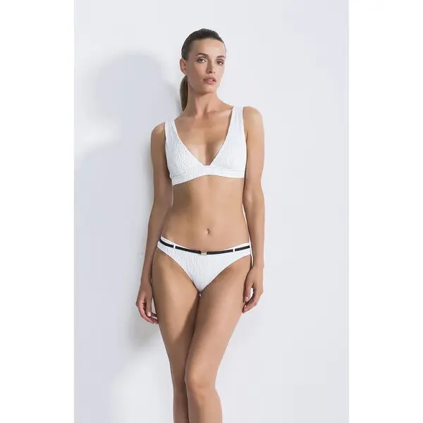 NESSI BYRD Textured V-neck Bikini Set With Buckle Belt - White
