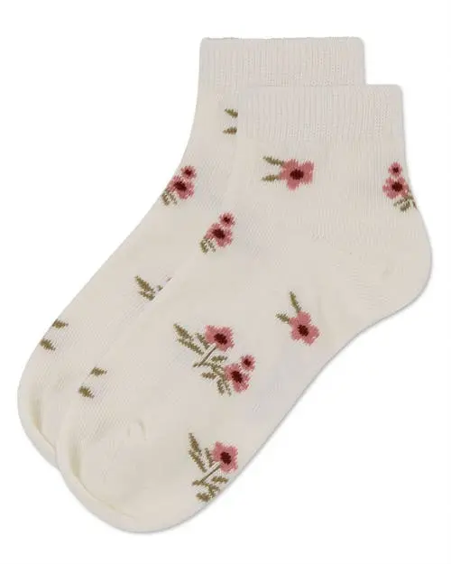 MEMOI Floral Print Anklet Socks - Winter White