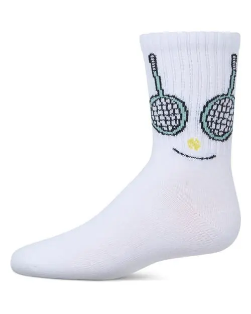 MEMOI Tennis Smiley Face Crew Socks - White