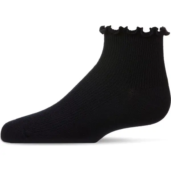 MEMOI Ribbed Anklet Socks With Ruffled Trim - Navy