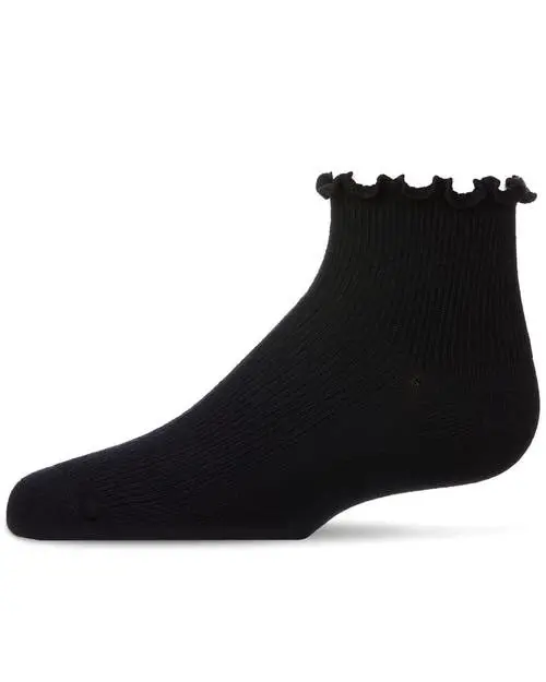 MEMOI Ruffled Top Thin Ribbed Anklet Socks - Navy