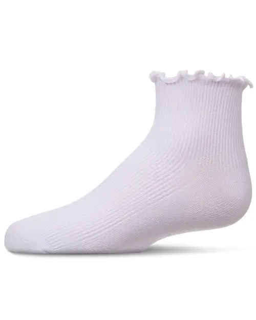 MEMOI Ruffled Top Thin Ribbed Anklet Socks - White