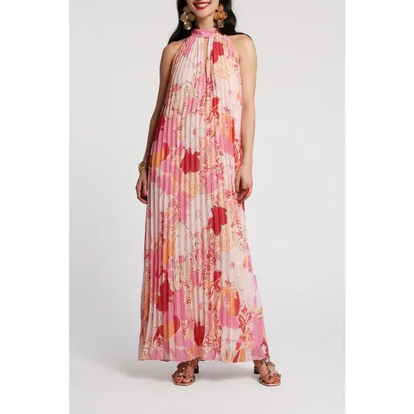 FRANCES VALENTINE Slim Pleated Maxi Dress - Pink/multi
