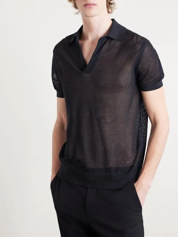 TOM FORD Open-knit Sea Island Cotton And Silk-blend Polo Shirt - Black