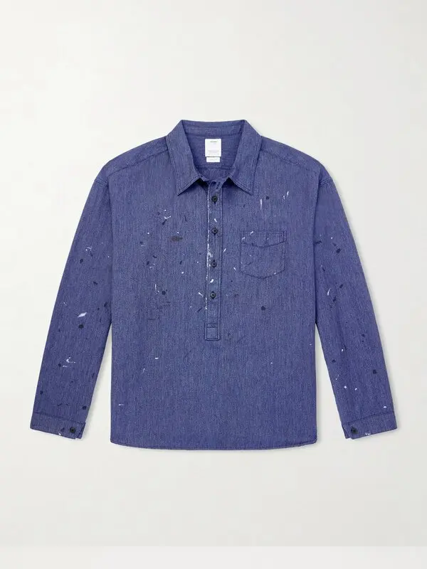 Visvim Paint-splattered Cotton And Silk-blend Chambray Shirt - Blue