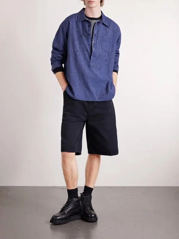 Visvim Paint-splattered Cotton And Silk-blend Chambray Shirt - Blue