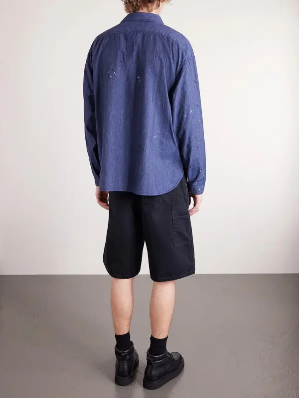 Visvim Paint-splattered Cotton And Silk-blend Chambray Shirt - Blue