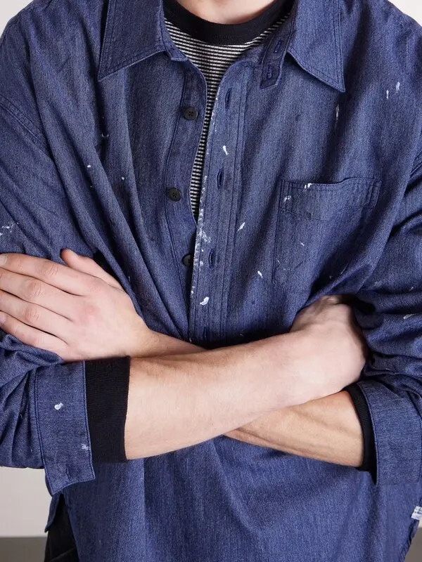 Visvim Paint-splattered Cotton And Silk-blend Chambray Shirt - Blue