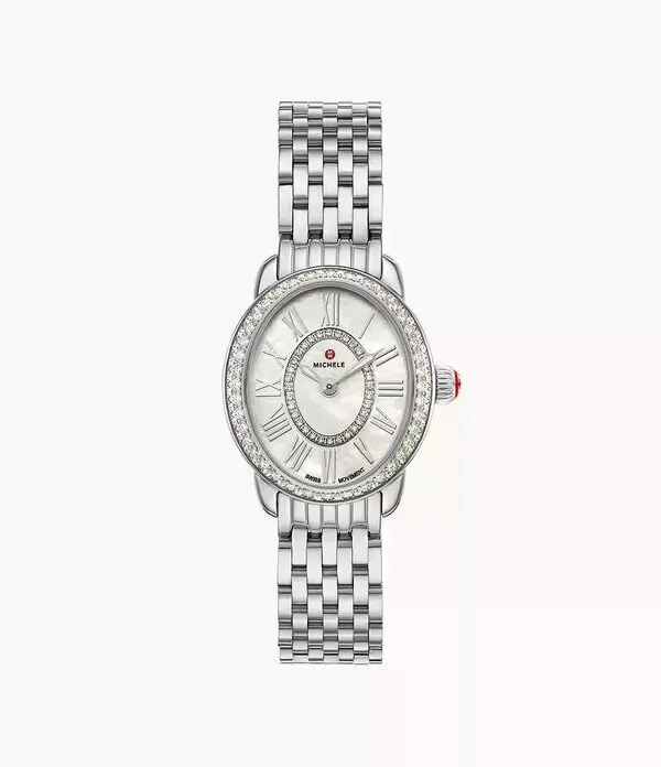 Michele Serein Oval Diamond Stainless Steel Watch - Silver
