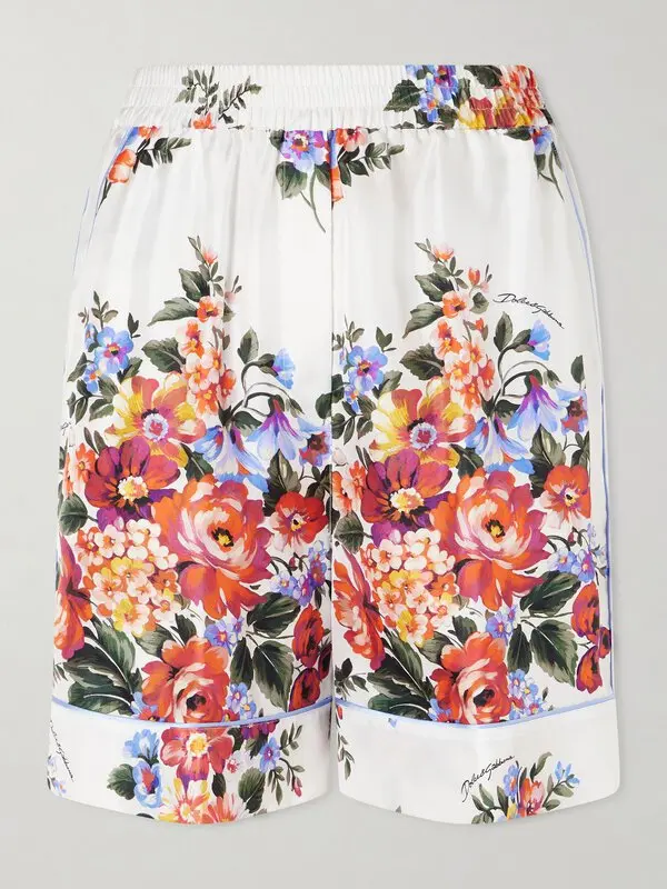 Dolce & Gabbana Floral-print Silk-twill Relaxed Shorts - White