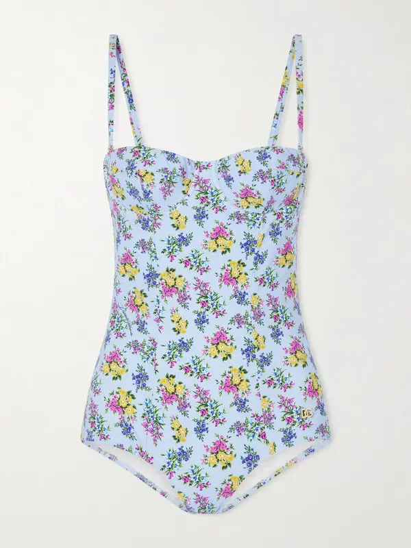 Dolce & Gabbana Embellished Floral-print Swimsuit - Blue