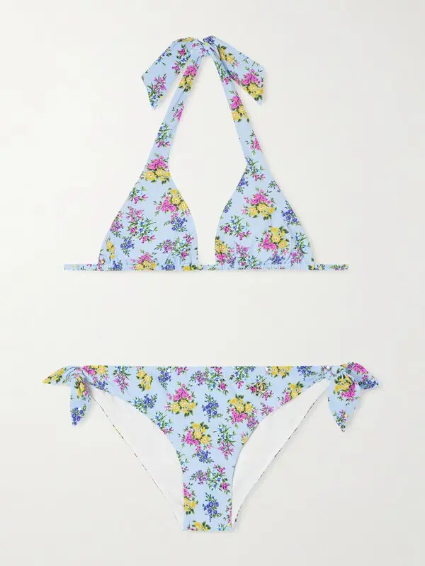 Dolce & Gabbana Embellished Floral-print Triangle Bikini - Blue