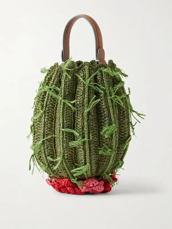 ANYA HINDMARCH Cactus Leather-trimmed Raffia Bucket Bag