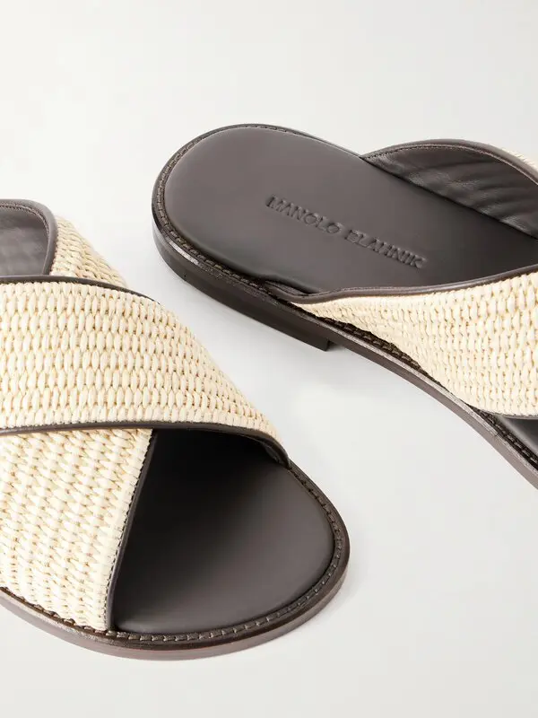 Manolo Blahnik Otawi Woven Raffia And Leather Sandals