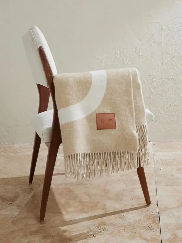 Loewe Anagram Leather-appliquéd Fringed Logo-jacquard Wool Blanket - Neutrals