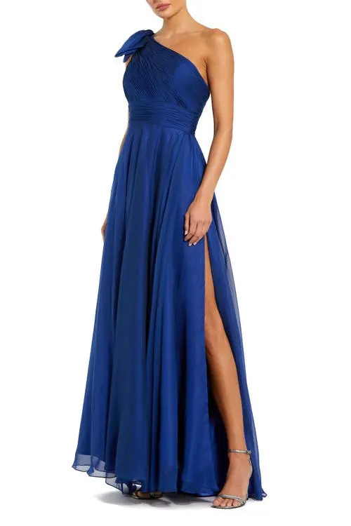 Mac Duggal Pleated One-shoulder Gown - Cobalt