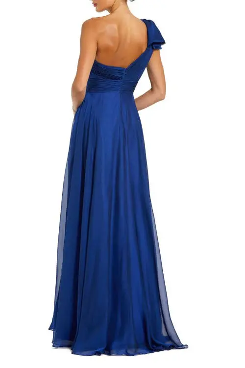 Mac Duggal Pleated One-shoulder Gown - Cobalt