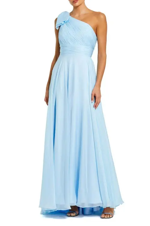 Mac Duggal Pleated One-shoulder Gown - Sky Blue